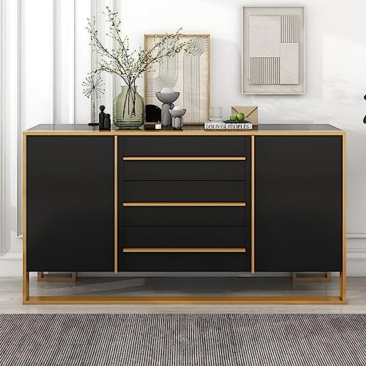 WADRI 59" Sideboard with 3 Drawers and 2 Cabinets, Wood Accent Storage Cabinet with Adjustable Shelves and Gold Metal Legs, Cabinet Console Table for Living Room, Home Office (Black + MDF-A46)