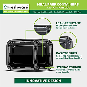 Freshware Meal Prep Containers [15 Pack] 2 Compartment with Lids, Food Storage Containers, Bento Box, BPA Free, Stackable, Microwave/Dishwasher/Freezer Safe (32 oz)