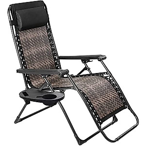Omelaza Outdoor Zero Gravity Lounge Chair, Adjustable Reclining Patio Folding Chair with Headrest and Cup Holder, All-Weather Rattan Wicker for Pool, Yard, Garden - Grey