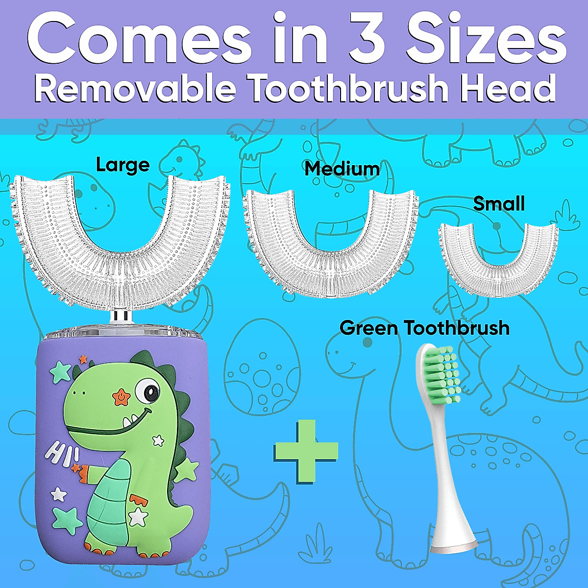 BubblezKidz – Kids Electric Toothbrush – U Shaped Dinosaur Cartoon – Ultra Sonic 6 brush Cleaning Modes w/ Smart Timer – Ages 2-18 Years Old – IPX7 Waterproof, Rechargeable, With Stickers (Dinosaur)