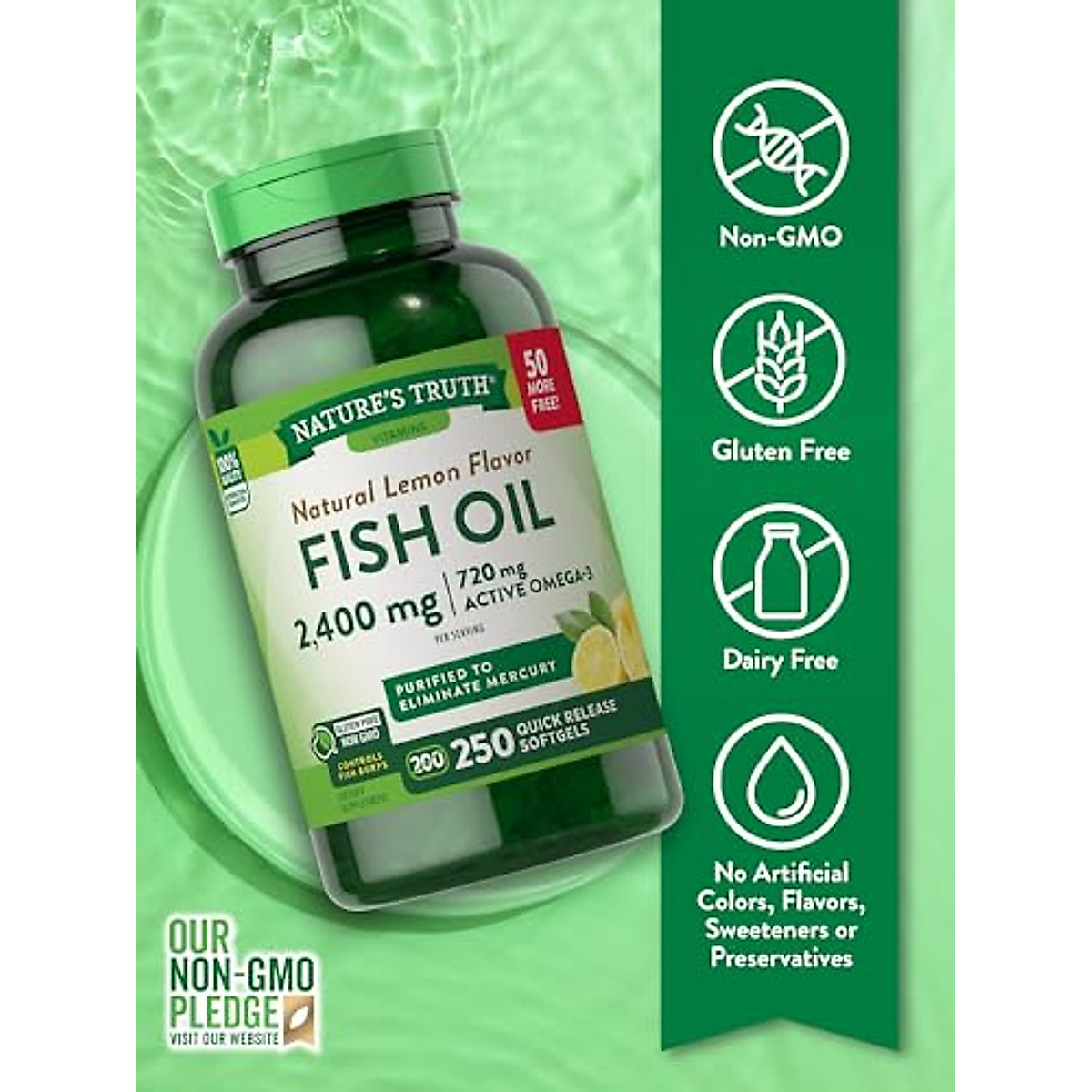 Nature's Truth Burpless Fish Oil 2400mg | 250 Softgels | 720 mg Omega 3 | Natural Lemon Flavor Pills | Non-GMO & Gluten Free Supplement