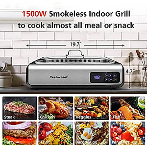 Indoor Smokeless Grill Techwood 1500W Electric Grill with Tempered Glass Lid & LED Smart Control Panel, 8-Level Control Korean BBQ Grill with Removable Grill Plate, Stainless Steel (Silver)