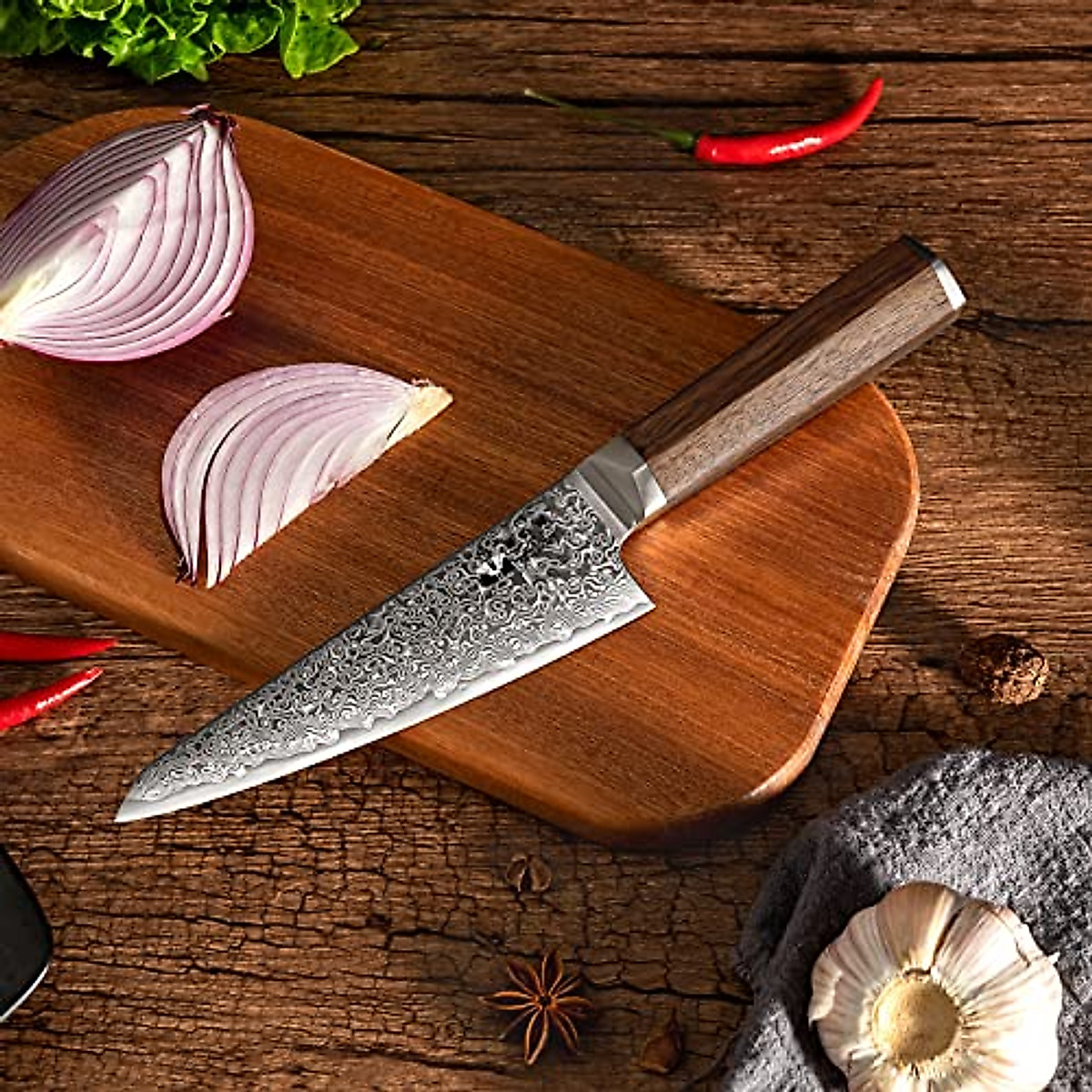 FUJUNI Chef Knife 6 inch, Professional Chef Knife VG 10 Damascus Super Steel 67-Layer Razor Sharp Kiritsuke Knife with Natural Wood Handle