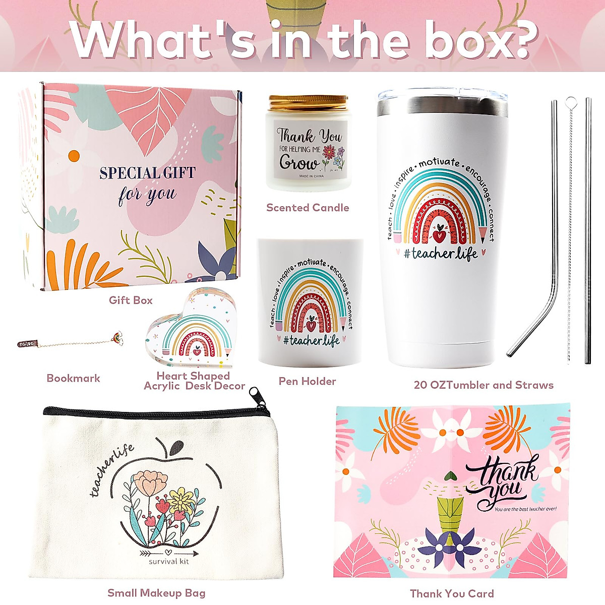 Cefanty Teacher Appreciation Gifts,Teacher Gifts for Women 20 OZ Teacher Tumbler Thank You Basket Box for Christmas Birthday Teachers Day