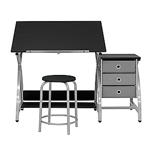SD STUDIO DESIGNS 2 14 Piece Comet Center Plus, Craft Table and Matching Stool Set with Storage and Adjustable Top, 50x23.75x29.5 inches, Silver/Black