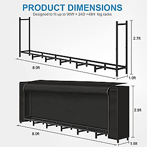 NANANARDOSO 8ft Firewood Rack Outdoor with Cover Combo Set Waterproof for Wood Storage, Adjustable Fire Log Stacker Stand, Heavy Duty Firewood Log Rack Holder for Fireplace Metal Lumber, Black