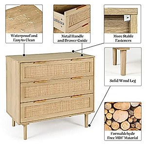 HOPUBUY 3 Drawer Dresser for Bedroom, Rattan Modern Closet Dressers Chest of Drawers, Wood Oak Storage Chest for Kids Bedroom, Hallway, Living Room