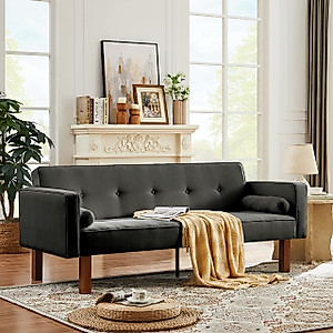 Anwick Modern Fabric Sofa Bed Futon,Convertible Sleeper Loveseat with 2 Pillows & Armrests,75" Folding Recliner Couch Bed with Solid Wood Legs for Living Room Bedroom Office Dorms (Dark Grey)