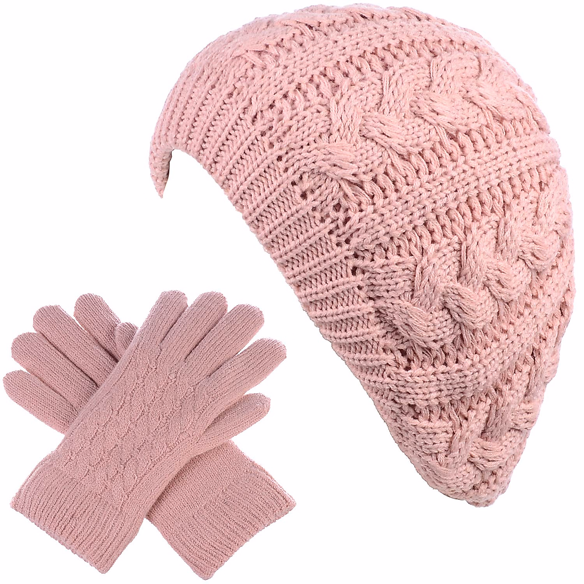 Accessories Necessary Winter Solid Toasty Warm Fleece Lined Knit Gloves & Beanie Beret 2 piece Set (PPink)