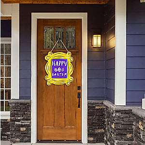 Happy Easter and Eggs Sign Welcome Large Hanging Sign Door Decor with Rope for Easter Party Garden, Yard Spring Home Decorations