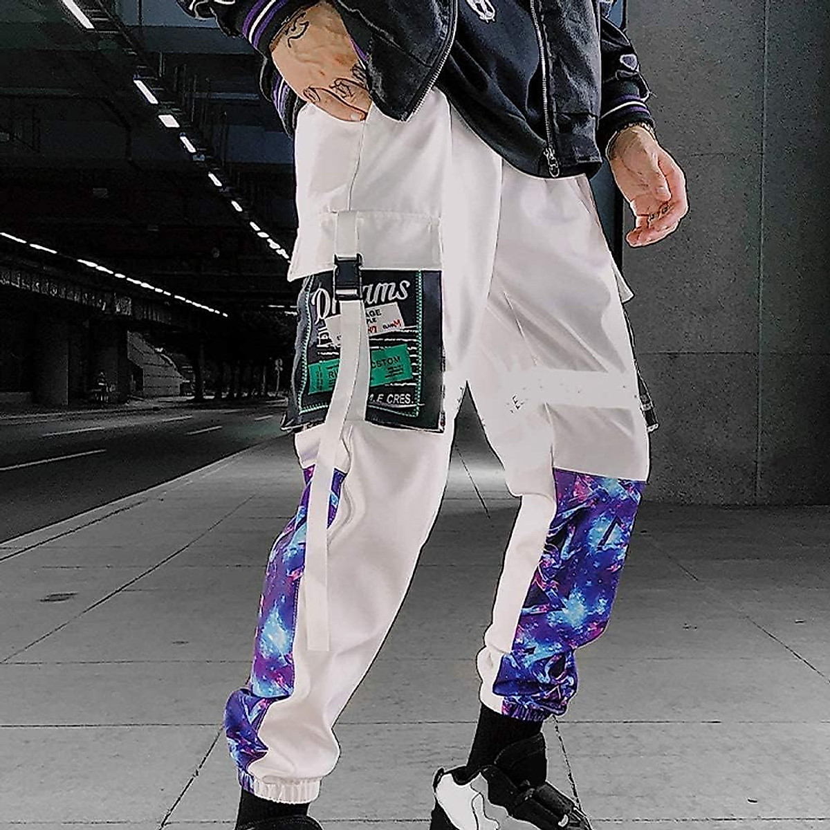 XYXIONGMAO Men's Functional Black and Purple Reflective Joggers Overalls Ribbon Techwear Sweatpants Hip Hop Streetwear Cargo Pants for Men (Black, XL)