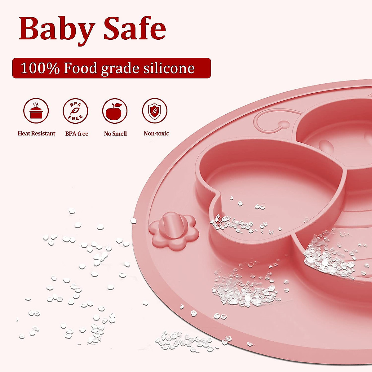 KVK Baby Plates with Suction, Silicone Toddler Plate for Babies Infants, Stick to High Chair Trays and Table, Microwave Dishwasher Safe - Cute Bee - Baby Pink