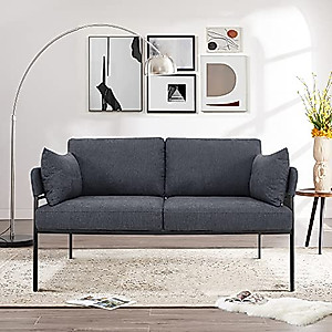 JULYFOX 59 in Wide Sofa Gray, Overstuffed Linen Fabric Couch Metal Frame 400 lbs Heavy Duty Tufted Loveseat Sofa for Small Spaces 2 Toss Pillows Included