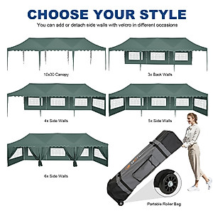 HOTEEL Tents For Parties,10x30 Canopy Outdoor Canopies with 8 Sidewalls, Waterproof Sun Resistant Pop Up Canopy Portable Wedding Tent with Rolling Bag & Sandbags for Large Event,Backyard,Birthday,Gray