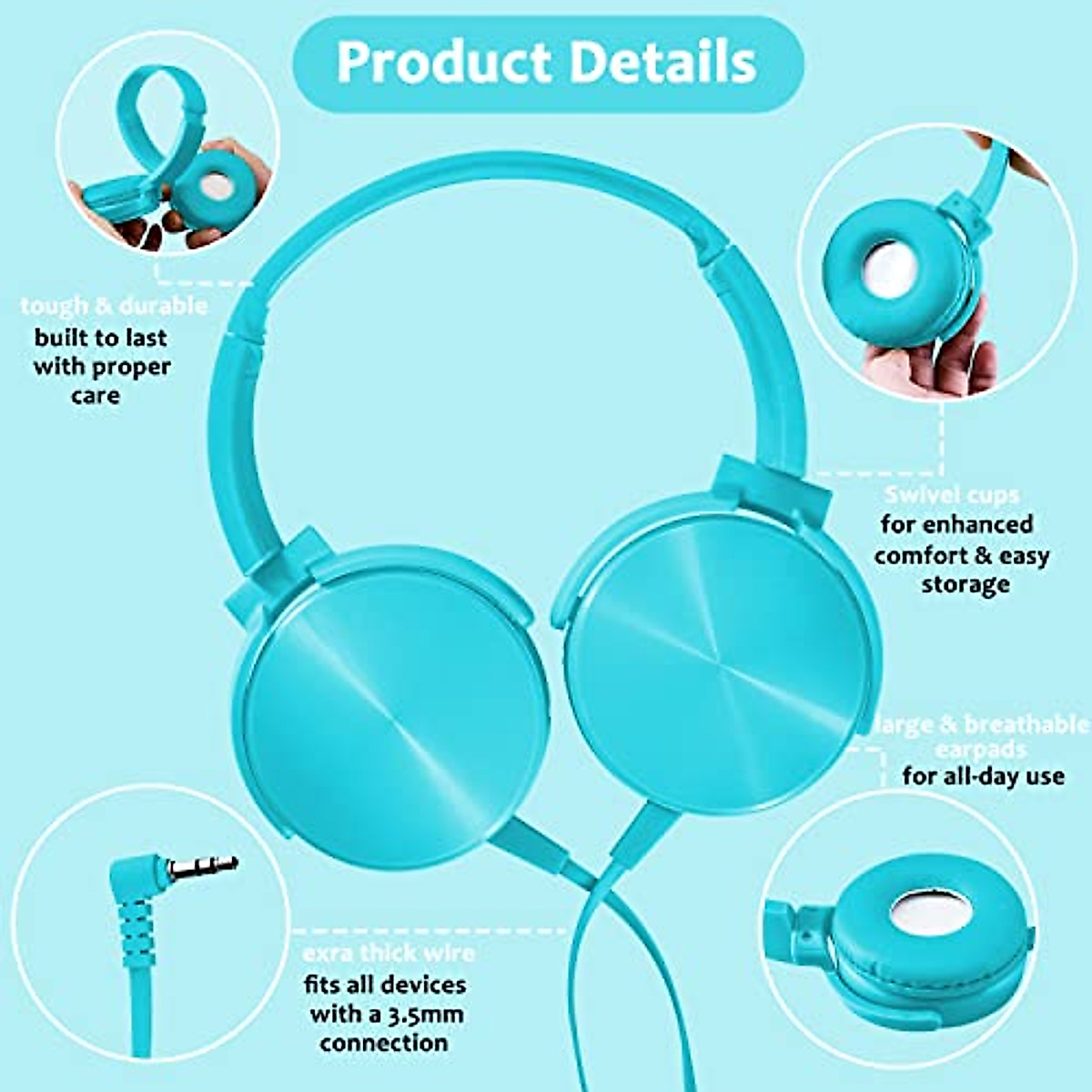 Wensdo 6 Pack Kids Headphones Bulk for School Classroom Students Wired Headsets, Durable Earphones for Children, Library Airplane Online Learning and Travel (6 Mixed Colors)