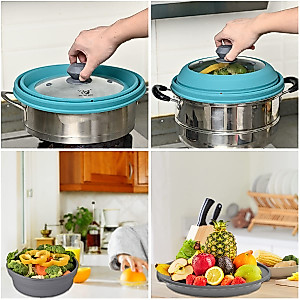 Microwave Splatter Silicone Cover Collapsible Steamer, Vented Multifunction Splash Lid with Glass Dish Bowl Plate for Food Cooking Bacon Maker, Dishwasher Safe BPA-Free 10.5 inch Cookware Set