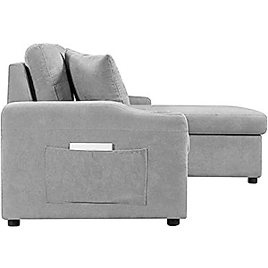 GAOPAN Modern Linen Sectional Sleeper Sofa Bed Convertible L-Shape Couch with Storage Chaise Lounge,Side Pockets,Cup Holders,2 Pillows for Living Room Apartment Furniture, Light Gray