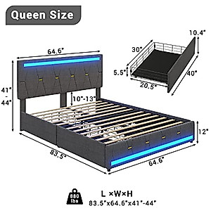 ADORNEVE Queen Bed Frame with 2 USB Charging Station, LED Lights Headboard Footboard, Upholstered Platform Bed with Storage Drawers, No Box Spring Needed, Dark Grey