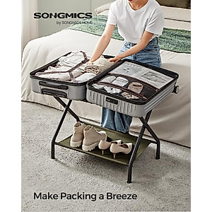 SONGMICS Luggage Rack, Suitcase Stand with Fabric Storage Shelf, for Guest Room, Bedroom, Hotel, Foldable, Holds up to 110 lb, 27.2 x 15 x 20.5 Inches, Forest Green and Black URLR002C01