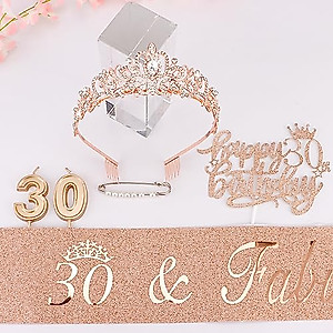 TOBATOBA 30th Birthday Decorations for Women, 30th Birthday Sash 30th Birthday Crown, Birthday Candles and Cake Toppers, 30th Birthday Gifts for Her, 30 Years Birthday Decorations, Rose Gold
