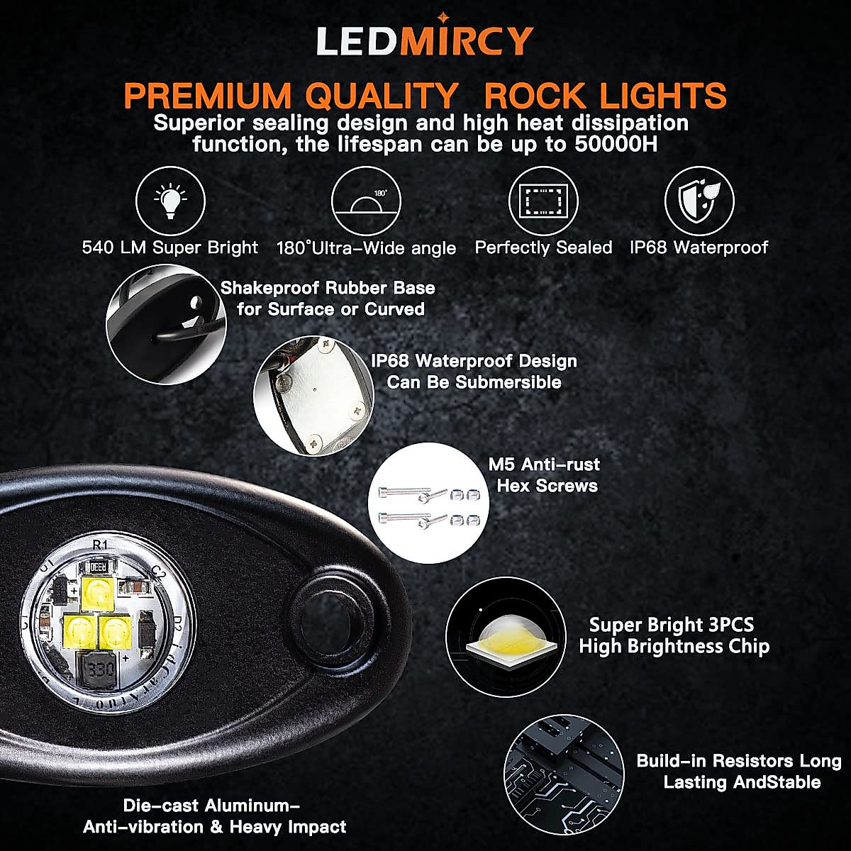 LEDMIRCY LED White Rock Lights 4PCS Super Bright Pure White Rock Lights for Off Road Trucks RZR Boat Car ATV UTV SUV Underglow Neon Lights Underbody Trail TRAI Rig Lights Waterproof Shockproof