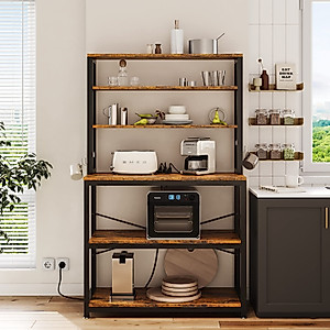 Rovaurx Standing Baker's Rack with Power Outlets, Microwave Oven Stand, Industrial Kitchen Cart Storage Shelf Organizer, Rustic Brown KTJZ001A