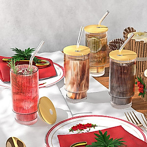 WXCWYQR Glass Cups with Lid and Straw 2 Set, 16OZ Drinking Glasses for Whiskey Cocktail Beer, Ribbed Glassware Set for Gift (2 SET)