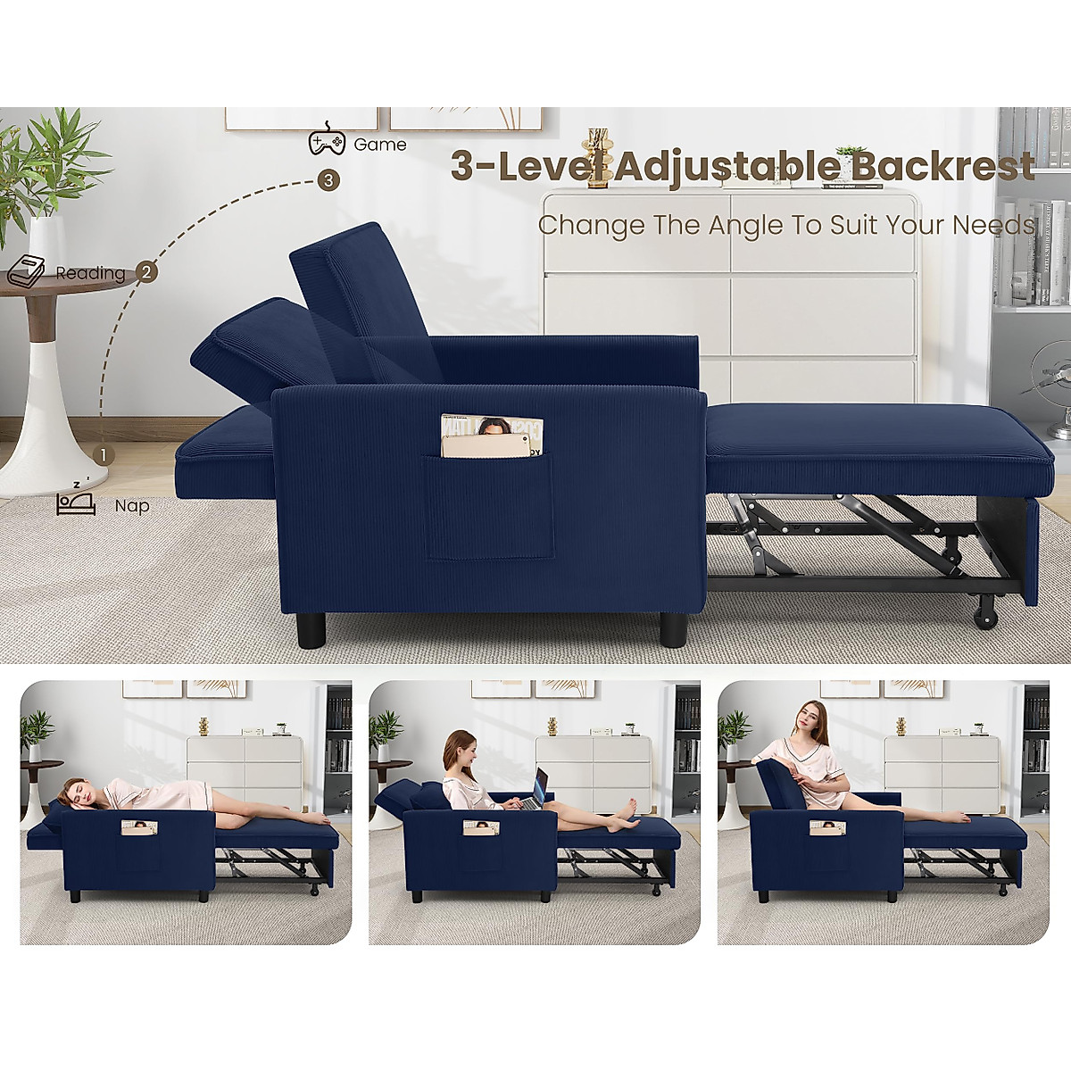 SEJOV Sleeper Chair, 4-in-1 Convertible Sleeper Sofa Bed with Adjustable Backrest, Corduroy Pull Out Chair Bed Single Recliner for Living Room, Bedroom, Apartment, Office, Small Space, Navy Blue