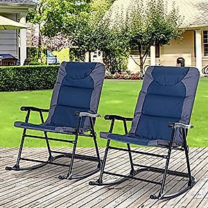 Outsunny 2 Piece Outdoor Rocking Chair Set, Patio Furniture Set with Folding Design, Armrests for Porch, Camping, Balcony, Navy Blue