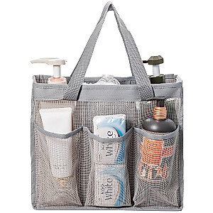Jelier Mesh Shower Tote Caddy with Separated Main Compartment,Portable Toiletry Bag for Bathroom College Dorm Gym Camping (grey)