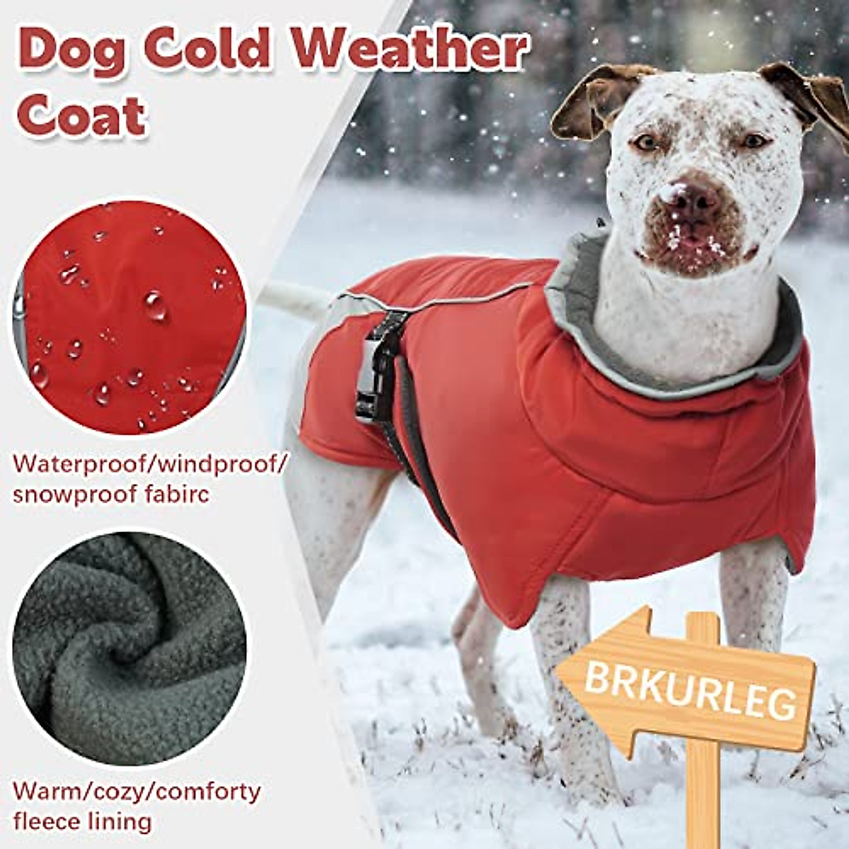 BRKURLEG Dog Jacket Winter Coat,Turtleneck Reflective Dog Cold Weather Coat with Fleece Lining,Waterproof Warm Padded Doggy Waistcoat,Adjustable Neck Chest Girth Dog Windbreaker Vest for All Breeds