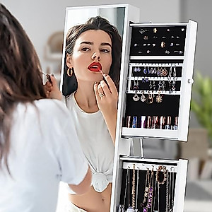 BOSTANA Standing Jewelry Organizer Armoire With 2 Push-Pull Jewelry Cabinet,Anti-trpinig Leaning Full Length Mirror,Body Mirror with 2 Jewelry Drawer For Girls,Women, Bedroom Decoration,Gift