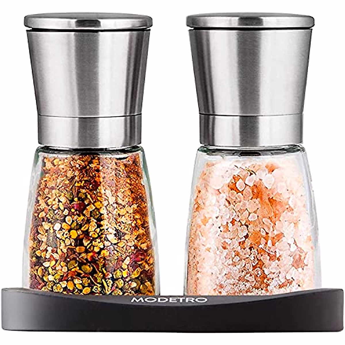 Modetro Salt and Pepper Shakers Set 6 oz Each Adjustable Coarseness Pepper Grinder Mill for Sea Salt Spice Stainless Steel Glass 2 Pack
