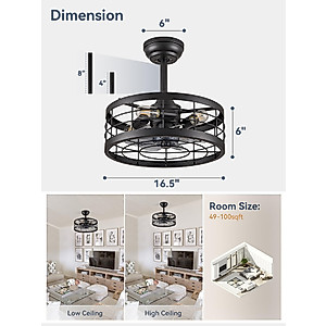 LEDIARY 16.5 inch Black Caged Ceiling Fan with Light, Bladeless Industrial Ceiling Fan with Remote, Farmhouse Fan Lights Ceiling Fixtures for Kitchen, Bedroom, Outdoor（6 Speed, Timing）-Black