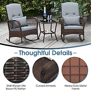 Tangkula 3 Piece Patio Rocker Set, Patiojoy Outdoor Wicker Rocking Chairs w/Double-Layer Coffee Table, Rattan Rocker Chair Set w/Seat Back Cushions & Pillows, for Porch, Backyard, Poolside (Grey)