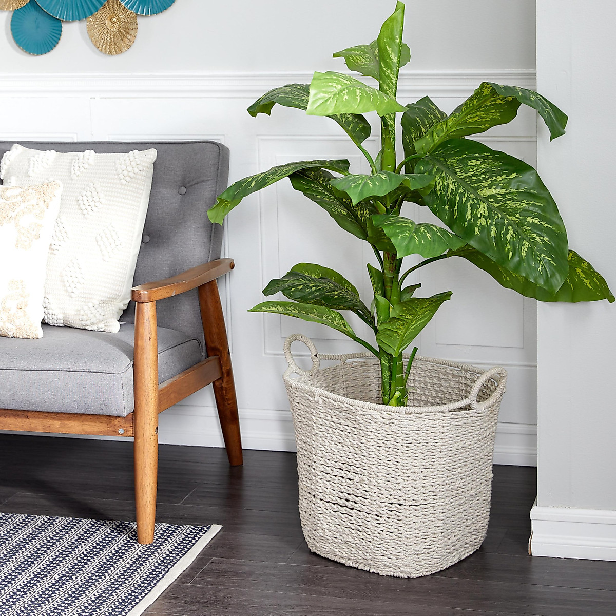 CosmoLiving by Cosmopolitan Cotton Fabric Handmade Decorative and Functional Storage Basket Basket Organizer with Handles, Basket for Storage 22" x 15" x 18", White