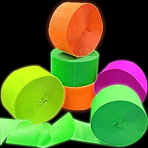 400feet Blacklight Party Streamer Decorations 4 Rolls Glow Crepe Paper UV Reactive Fluorescent Neon Paper Streamers Glow Party Supplies and Decorations for Wedding, Birthday, Neon Party, Fiesta Party
