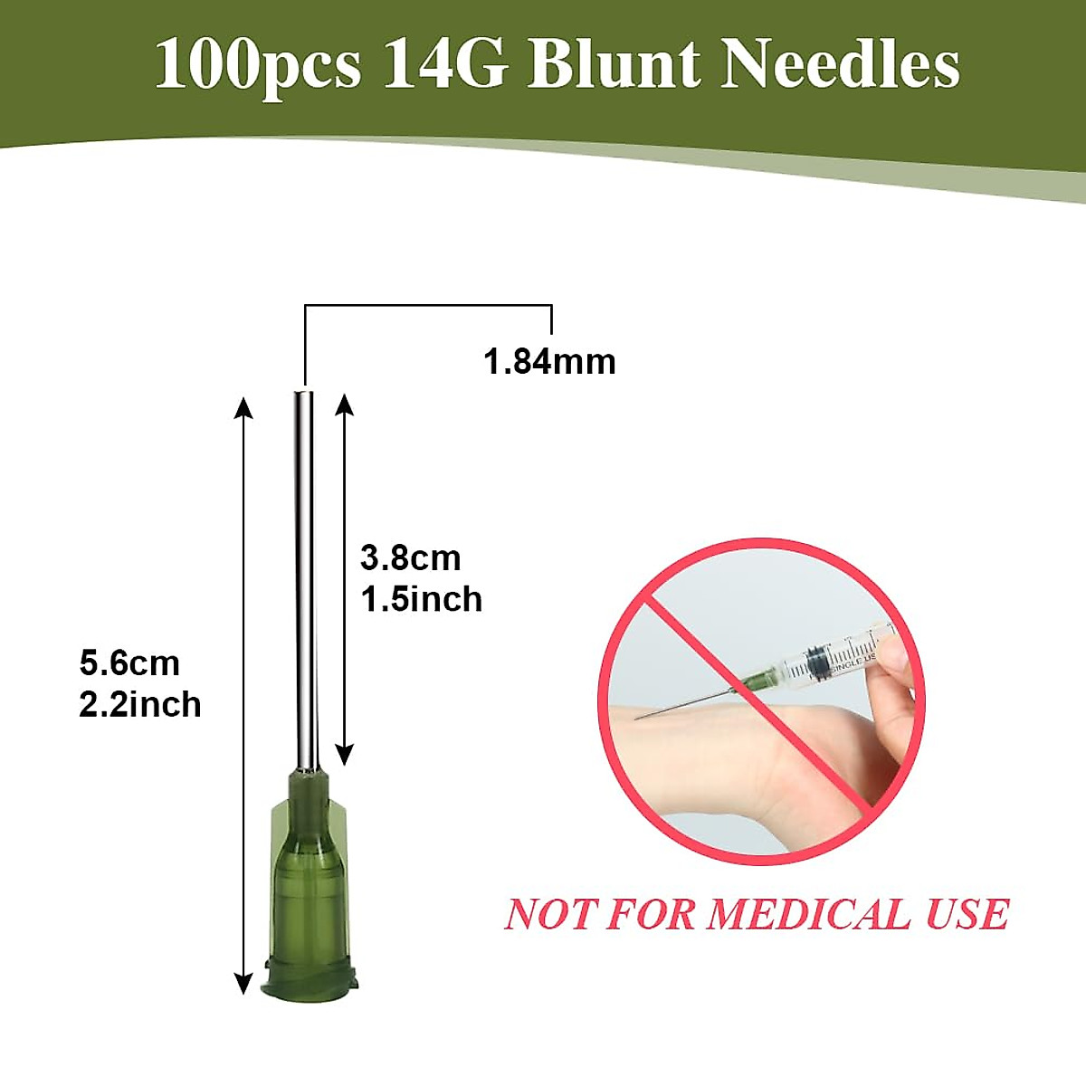 Shintop Dispensing Needle, 1.5 Inch 14G Blunt Tip Syringe Needles with Luer Lock for Refilling Liquid, Inks and Syringes (Pack of 100, Olive Green)
