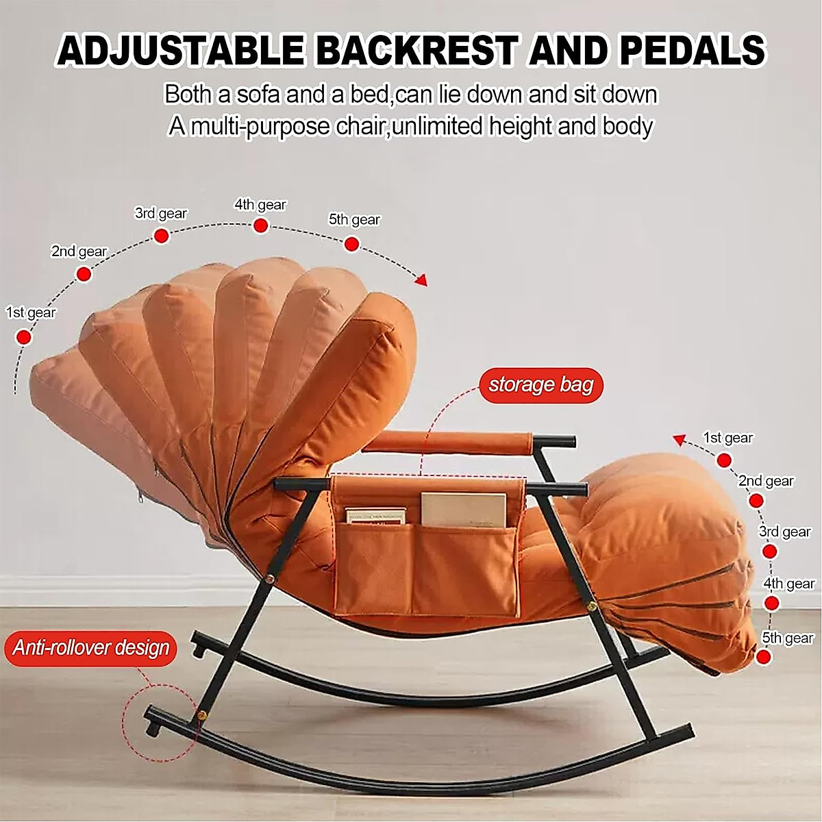 Generic Patio Nursery Rocking Chair Indoor Padded Cushion Rocker Recliner Chair for Front Porch Sunroom Comfy Rocking Lounge Chair for Napping Relaxing Reading, Orange