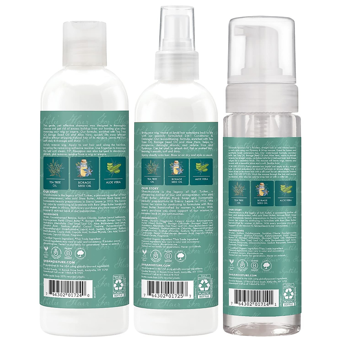 Shea Moisture Wig & Weave 3pc Bundle, Residue Remover Shampoo (13 Oz) + 2in1 Detangler Leave In Wig Conditioner (8 Oz) + Mousse (7.5Oz), Oil for Wigs, Wig Spray for Synthetic Wigs