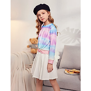 Arshiner Girls Casual Twist Front Light Weight Sweatshirt Tie Dye Printed Long Sleeve Crop Tops Pullover Size 11-12 Years