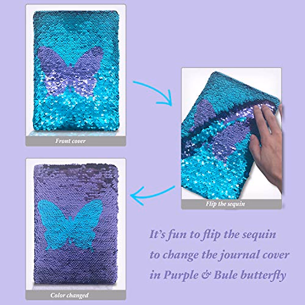 GINMLYDA Sequin Girls Journal for Kids, 8.5x5.5 Inches 160 Lined Pages Diary for Girls Butterfly Reversible Flip Sequence Notebook for Teenage Pre School Writing Drawing Travel Gifts (Purple- Blue)