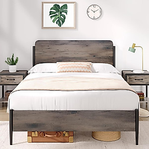 GAOMON Full Bed Frame with Rustic Vintage Wood Headboard & Safe Rounded Corners, Full Size Bed Frame Strong Metal Slats Support, Mattress Foundation, No Box Spring Needed, Noise-Free