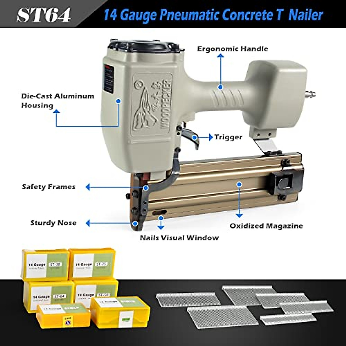 WOODPECKER ST64 Pneumatic Concrete T Nailer, 14 Gauge 3/4" to 2-1/2" Heavy Duty Air Concrete Nail Gun for Furring Strips, Masonry, Cement, Concrete Brick Nailing
