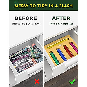 VenDotbi Bamboo Ziplock Bag Organizer for Drawer, Storage Bag Organizer, Plastic Bag Organizer 5 Slot Baggie Organizer for Kitchen Compatible with Gallon, Quart, Sandwich & Snack Variety Bags-Natural