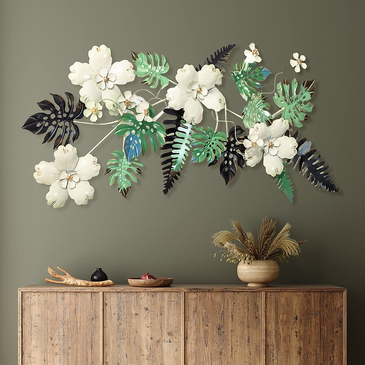 AcozyHom Leaves and Flowers Metal Wall Decor, 58"(L) x26(H), Large Plant Iron Wall Sculpture, Modern Abstract Wall Panel Art for Home, Hotel, Bar, Living Room Decoration, Green