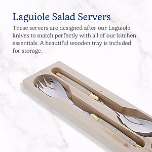 Jean Dubost Salad Servers, Ivory Handles - Rust-Resistant Stainless Steel - Includes Wooden Tray - Made in France