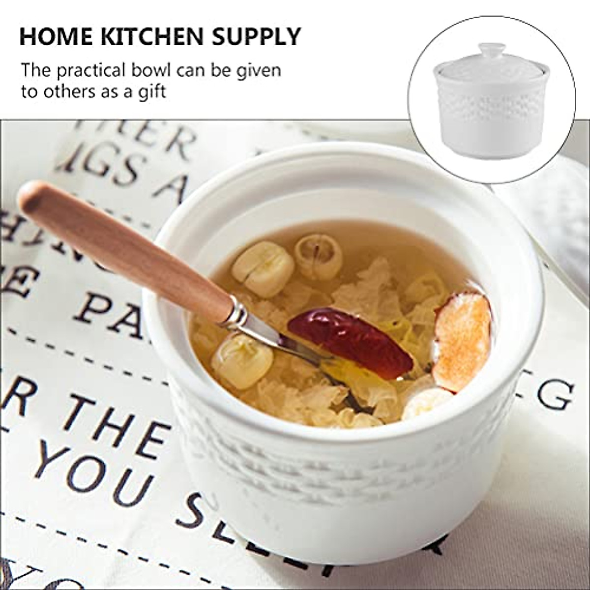 Operitacx Ceramic Stew Pot with Lid and Spoon Japanese Small Steam Soup Bowl Steaming Cup Serving Dish Seasoning Jar for Cereal Rice Chili Beef Stew Medicinal Birds Nest Egg Custard Appetizer