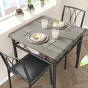 IDEALHOUSE 3 Piece Kitchen Table Set, Dining Table and Chairs for 2, Metal and Wood Square Dining Room Table Set with 2 Upholstered Chairs, Dining Table Set for Small Spaces, Apartment, Rustic Gray
