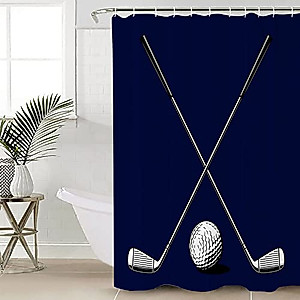LiDU Golf Club 4 Pcs Shower Curtain Set, 36" x 72" Waterproof Shower Curtains with 12 Hooks, Golf Sport Navy Blue Modern Abstract Art Bathroom Sets with Shower Curtain and Rugs